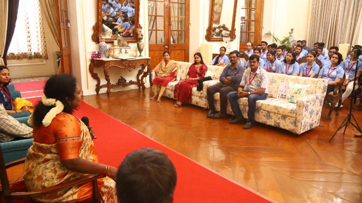 L-G interacts with delegation of students from West Bengal on their visit to Puducherry for a ...